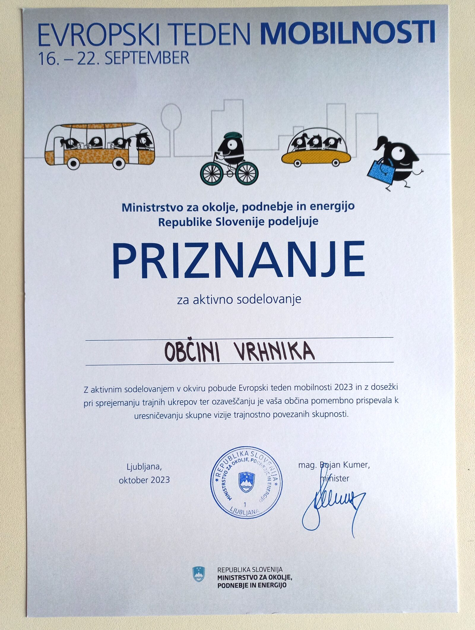 Prejeli priznanje za aktivno sodelovanje ob Evropskem tednu mobilnosti ...